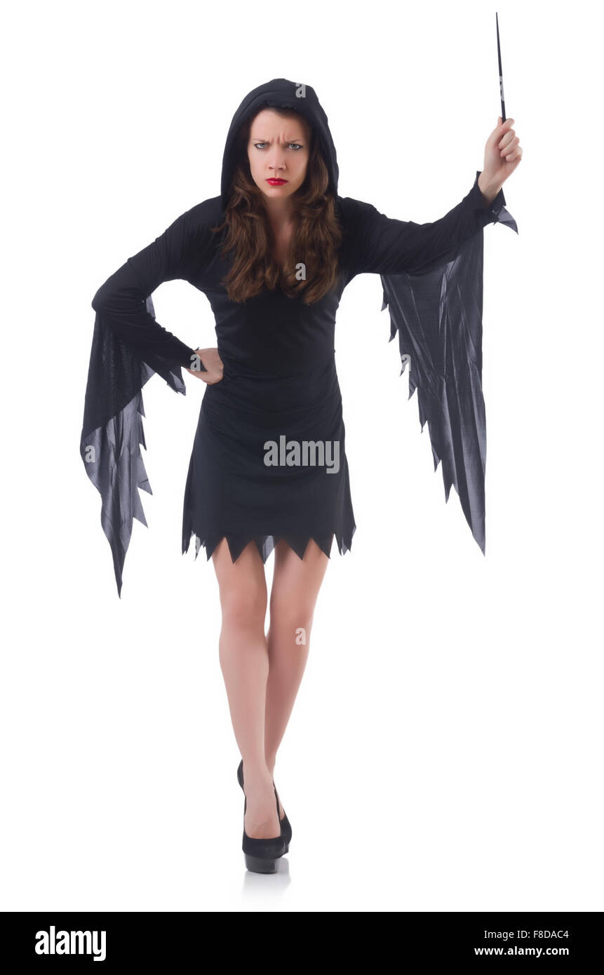 Witch with magic wand isolated on white Stock Photo - Alamy