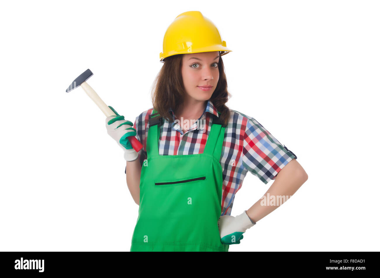 Young woman with hammer on white Stock Photo - Alamy