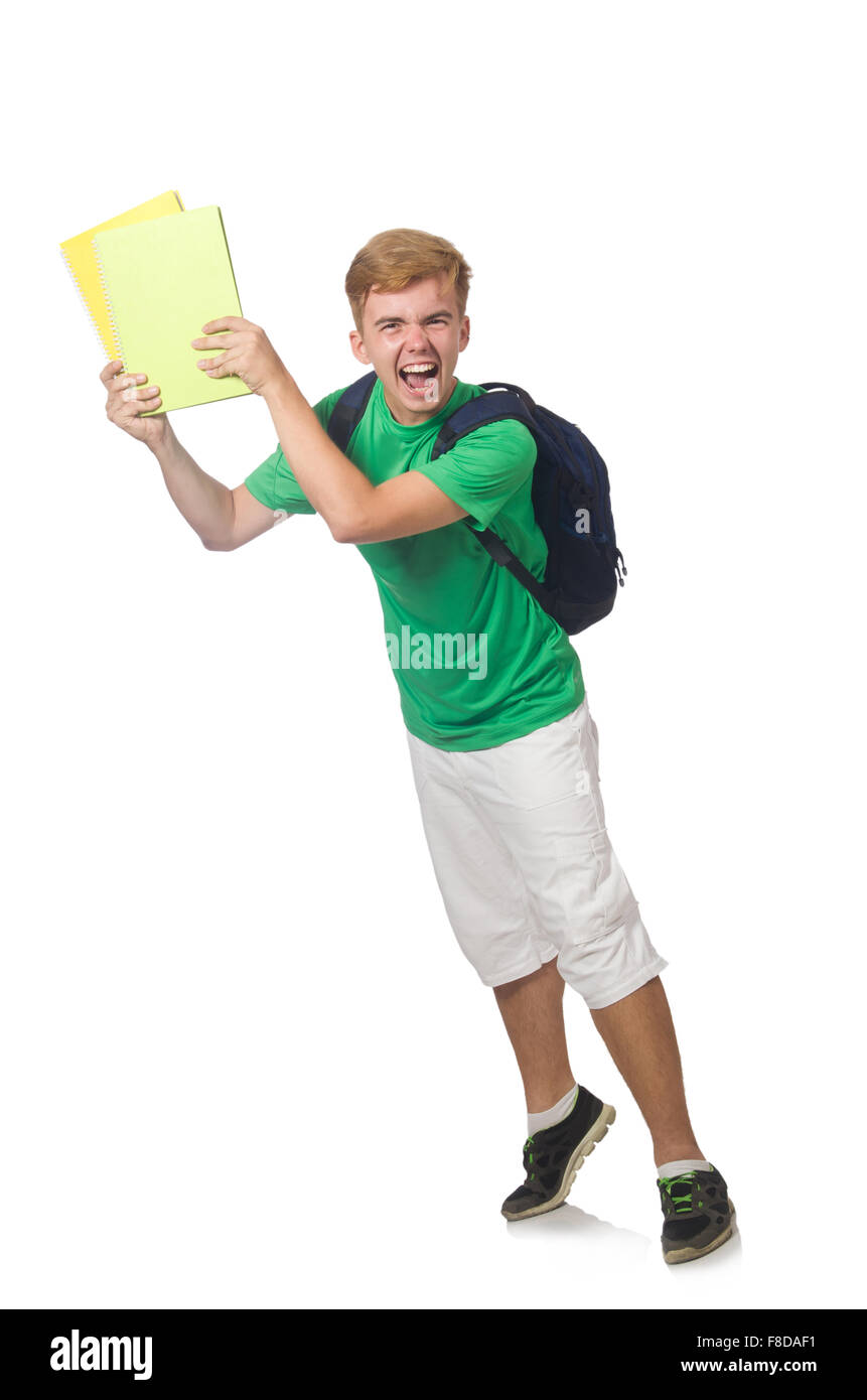Angry student with books isolated on white Stock Photo - Alamy
