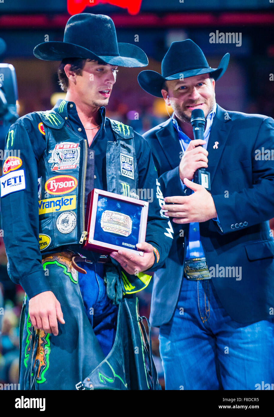 J.B. Mauney (L) Being interviewed on stage after winning the PBR bull ...