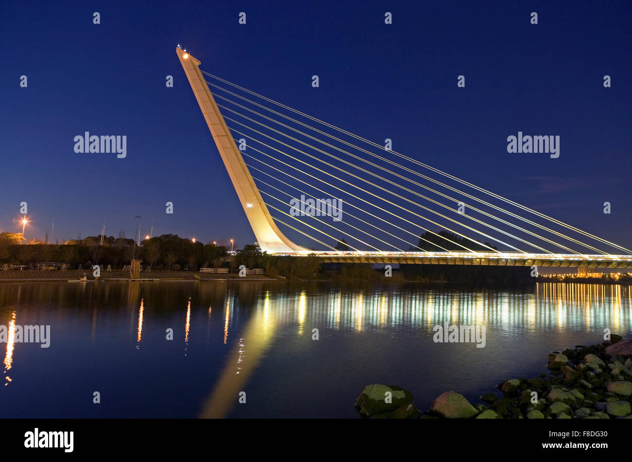 Bridge of the Alamillo in the river Guadalquivir. Seville, Andalusia ...