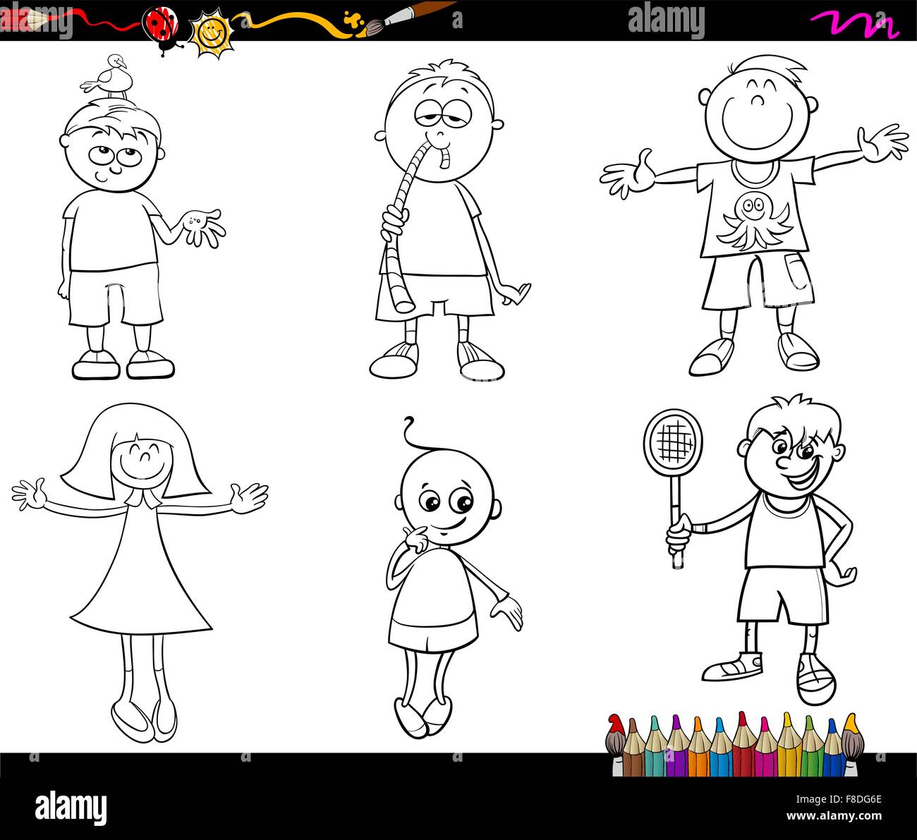 Black and White Cartoon Illustration of Cute Kids Set for Coloring Book ...