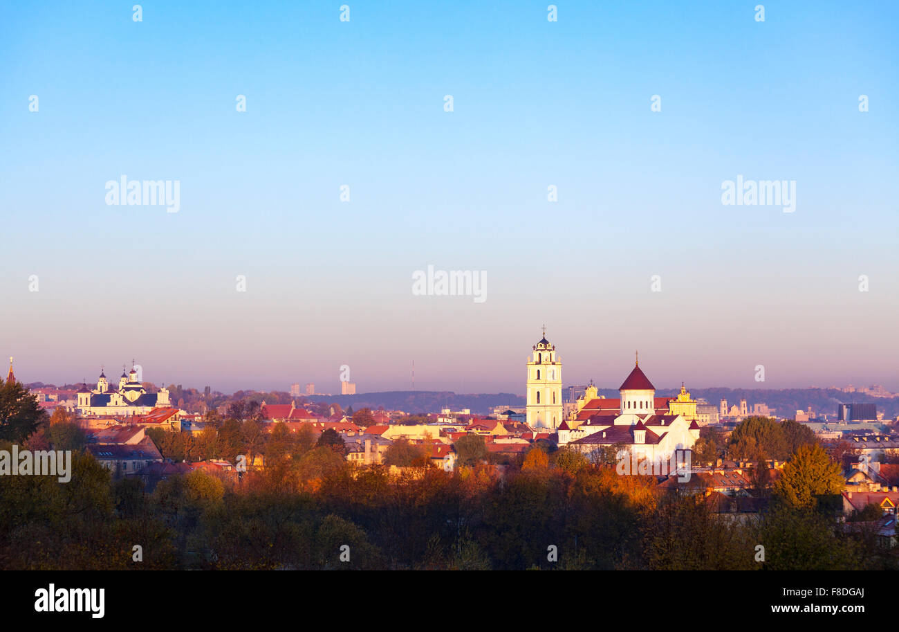 Panoramic view over Vilnius old town, Lithuania, in early morning light ...