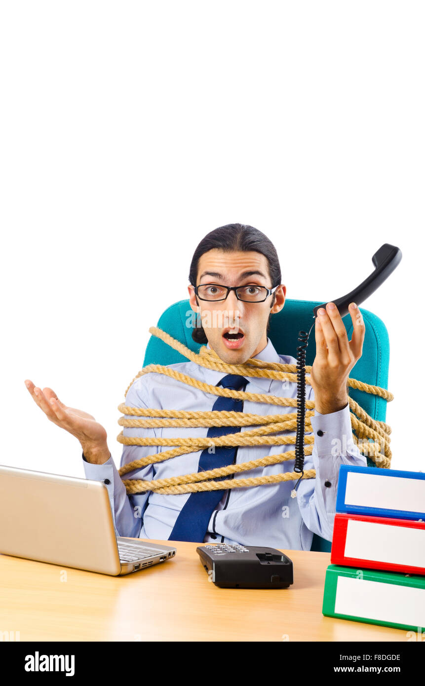 Young businessman tied with rope Stock Photo - Alamy