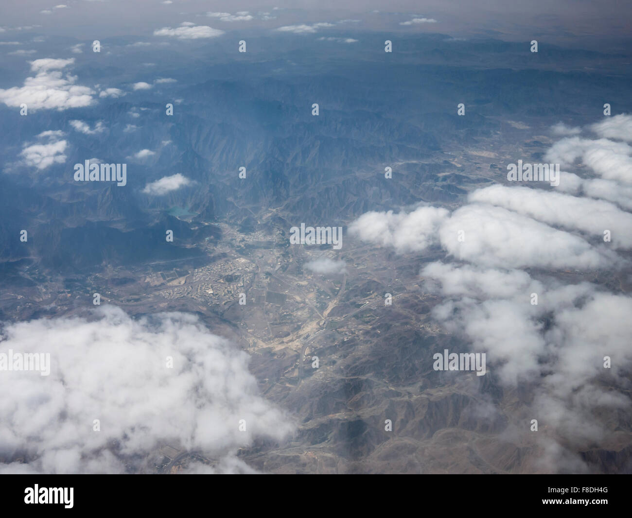 Aerial view of mountains in Oman coastline along Arabian Sea from ...