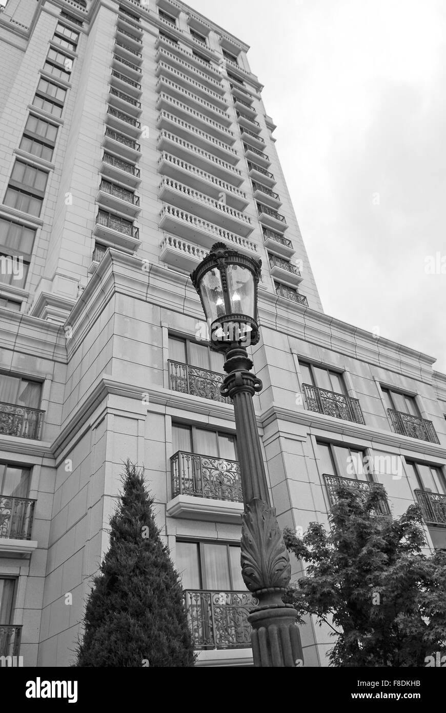 The front of a five star luxury hotel. Lamp post and bushes in front ...
