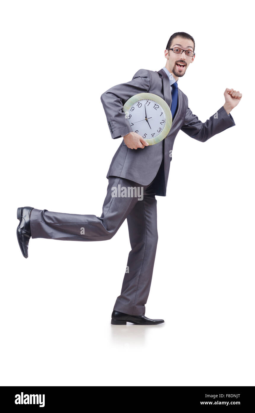 Man with clock isolated on white Stock Photo - Alamy