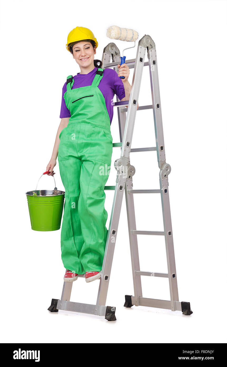 Woman worker standing on ladder Stock Photo - Alamy