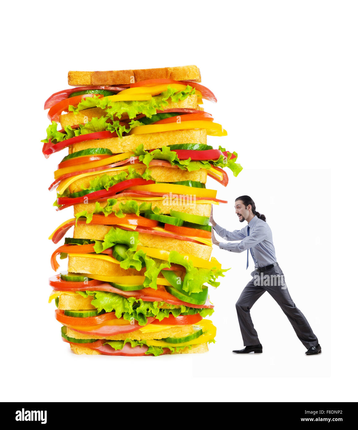 Man and giant sandwich on white Stock Photo - Alamy
