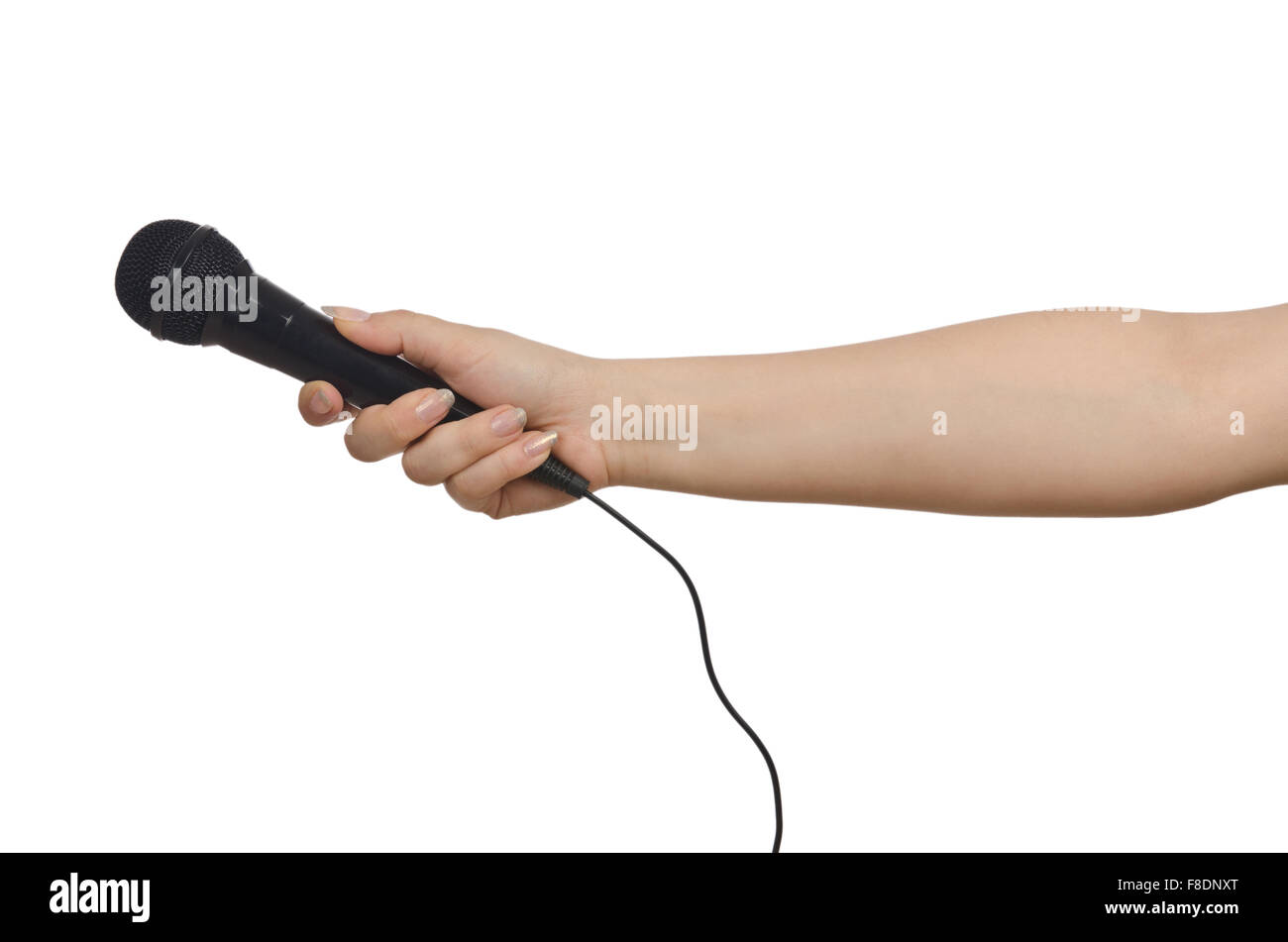 Hand with microphone on white Stock Photo - Alamy