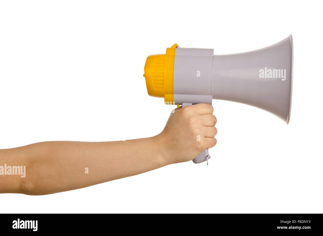 Hand holding loudspeaker on white Stock Photo - Alamy