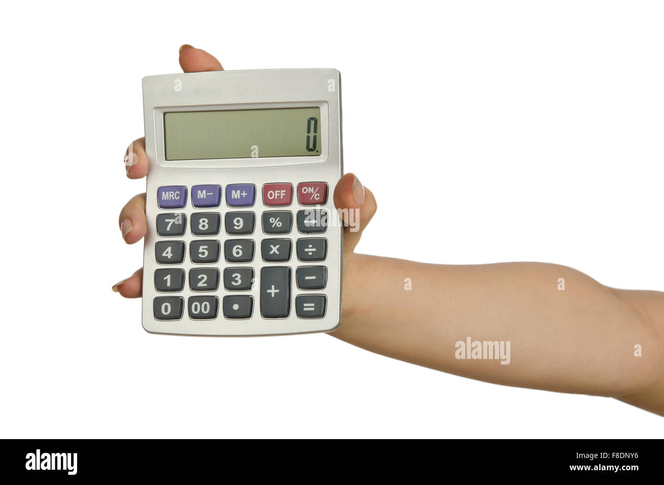 Hand holding calculator on white Stock Photo - Alamy