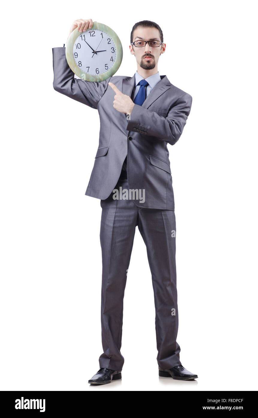 Man with clock isolated on white Stock Photo - Alamy