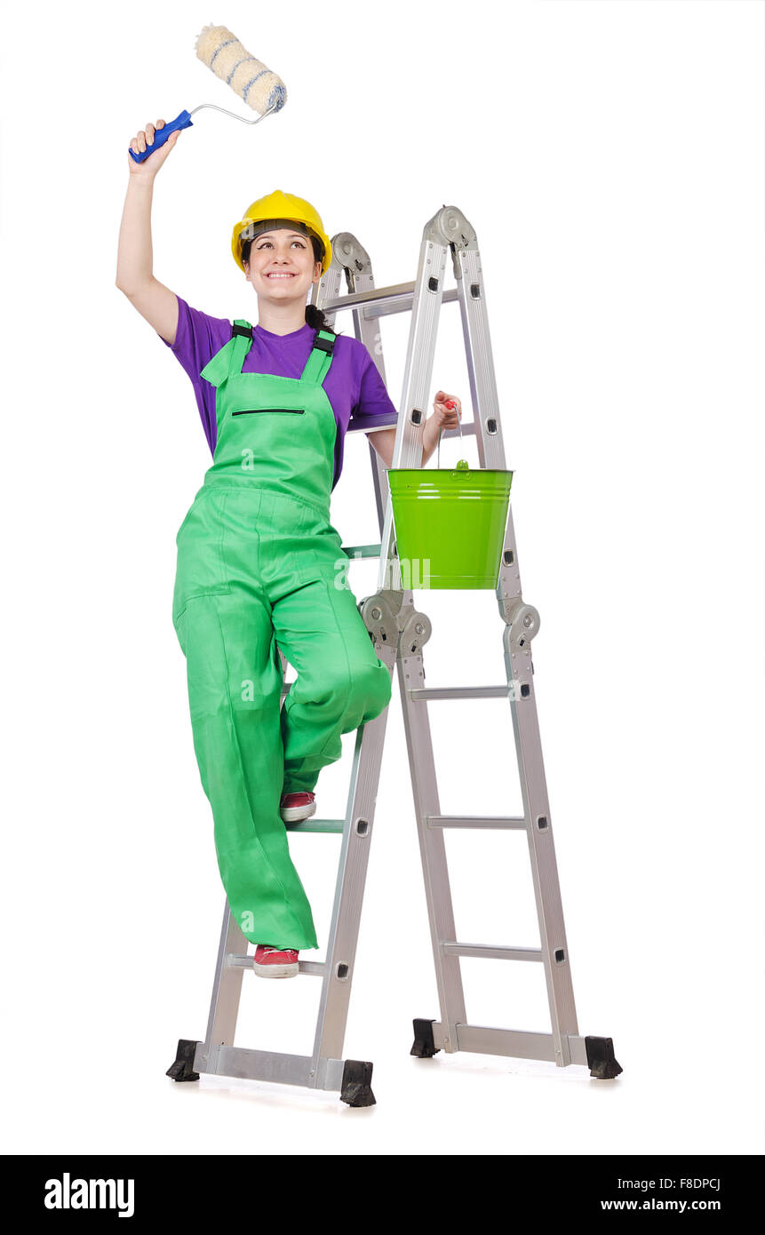 Woman worker standing on ladder Stock Photo - Alamy
