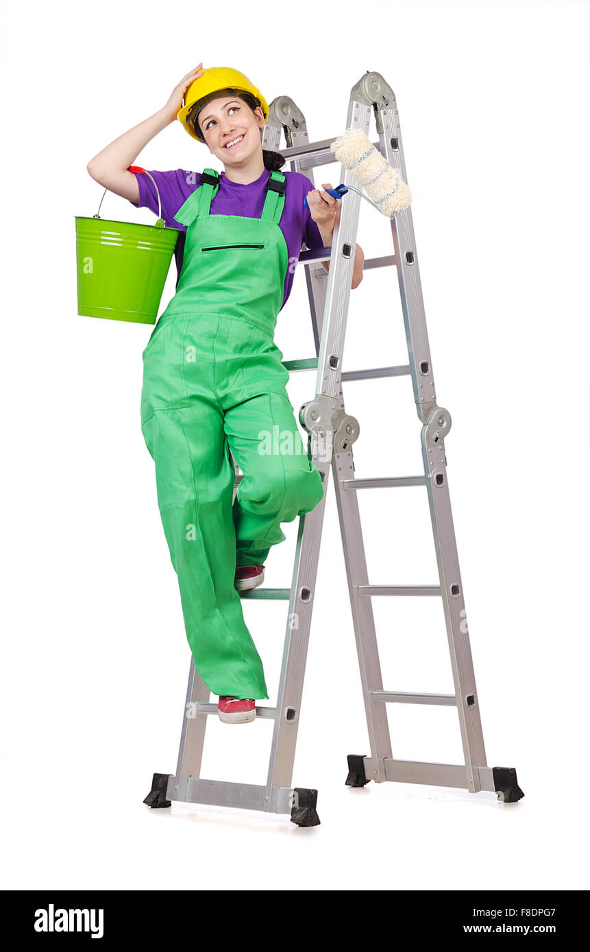 Woman worker standing on ladder Stock Photo - Alamy