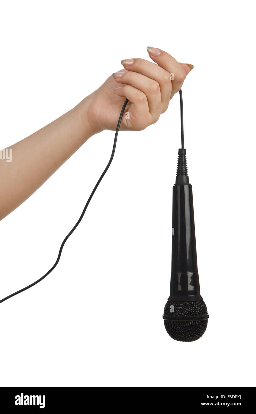 Hand with microphone on white Stock Photo - Alamy