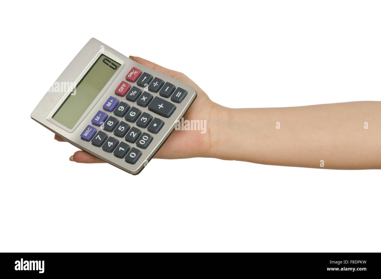 Hand holding calculator on white Stock Photo - Alamy