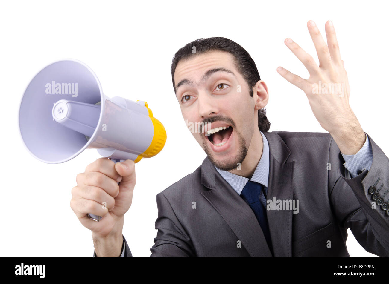 Man shouting and yelling with loudspeaker Stock Photo - Alamy