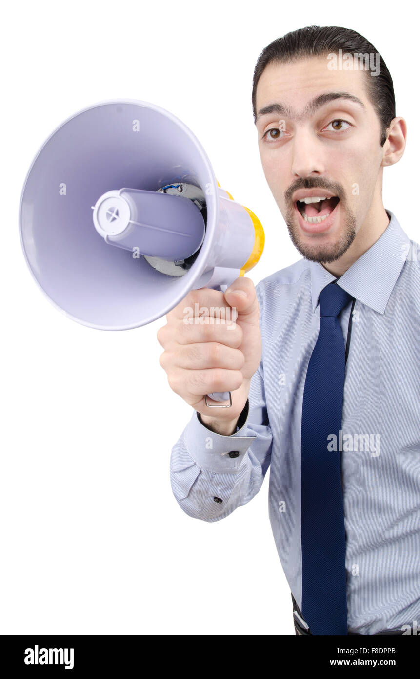 Man shouting and yelling with loudspeaker Stock Photo - Alamy