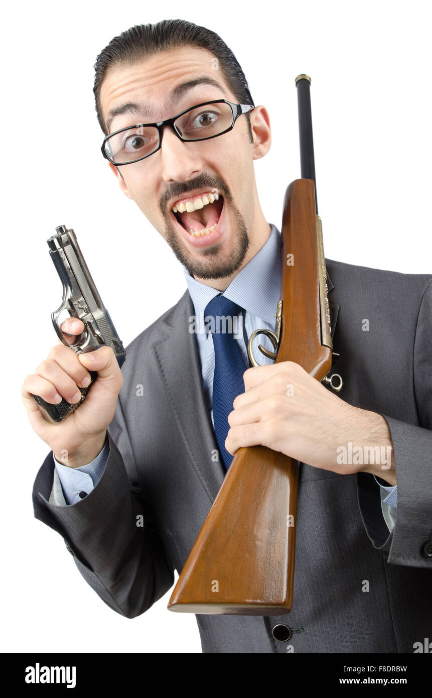 Businessman with gun isolated on white Stock Photo - Alamy