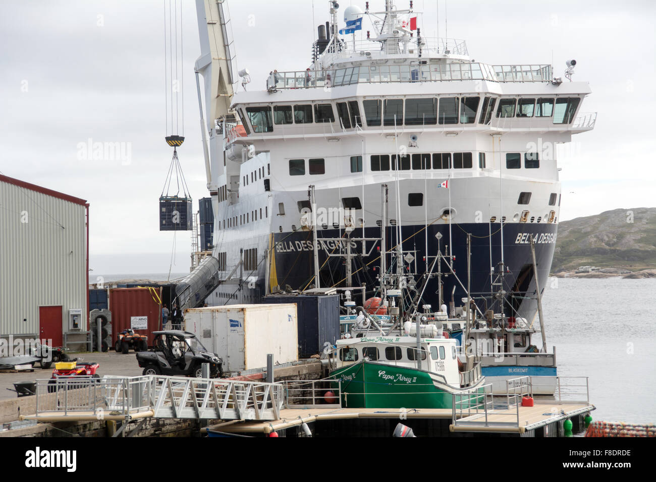 A shipping ferry in the port town of Harrington Harbour, on the Lower ...