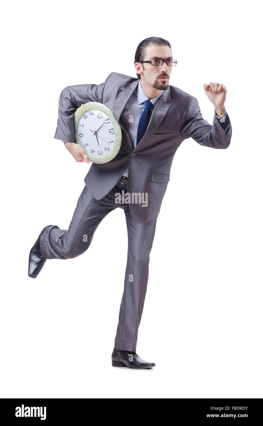 Man with clock isolated on white Stock Photo - Alamy