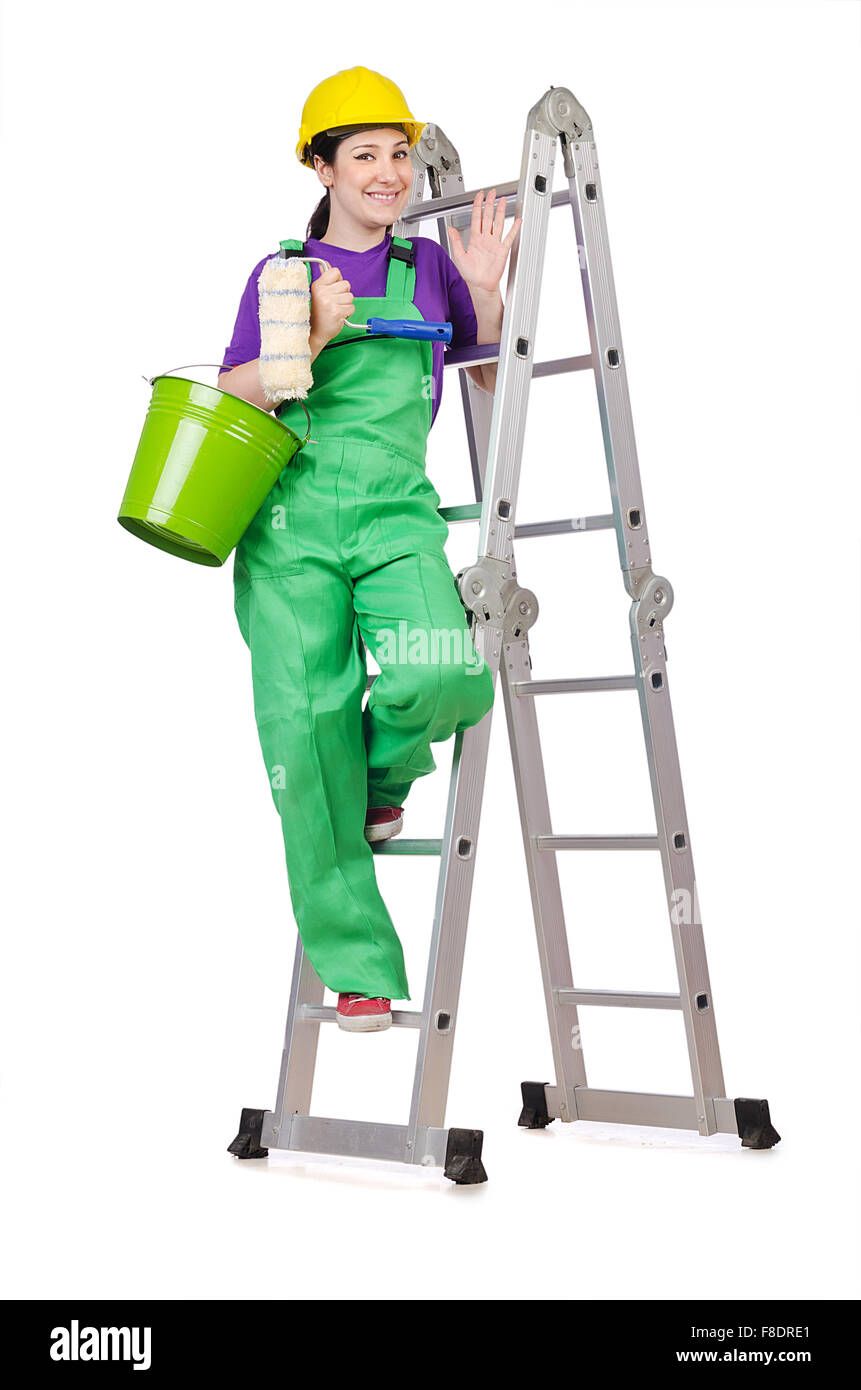 Woman worker standing on ladder Stock Photo - Alamy