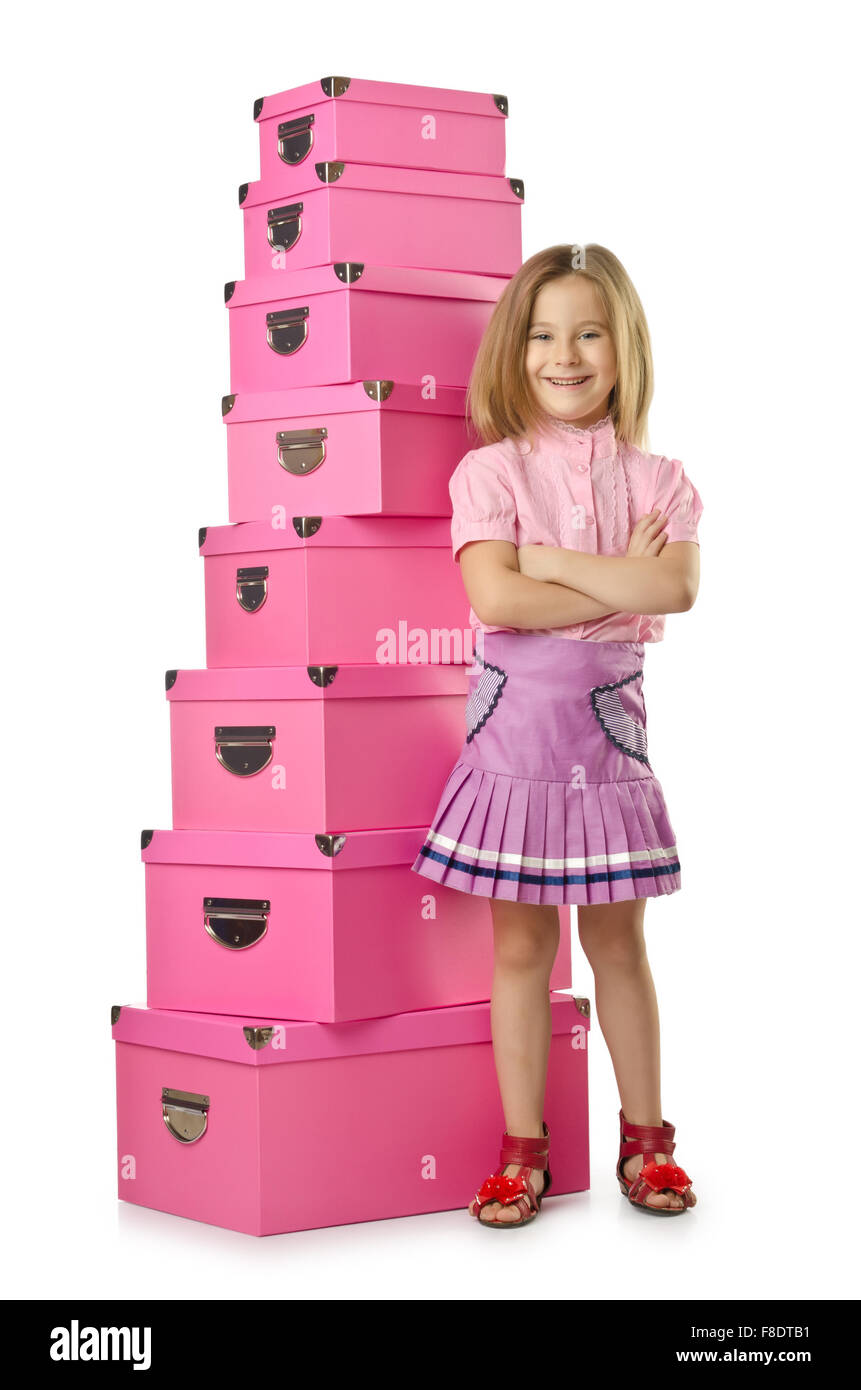 Little cute girl with lots of boxes Stock Photo - Alamy