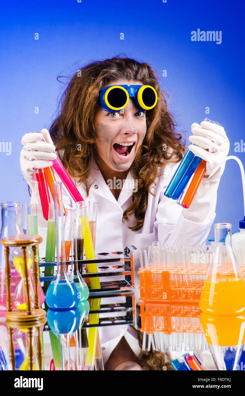 Funny female chemist in lab Stock Photo - Alamy