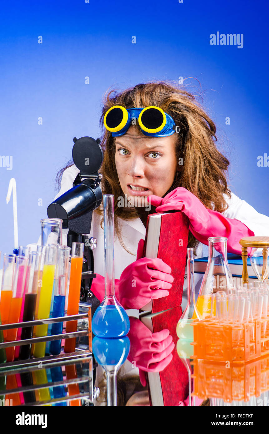 Funny female chemist in lab Stock Photo - Alamy