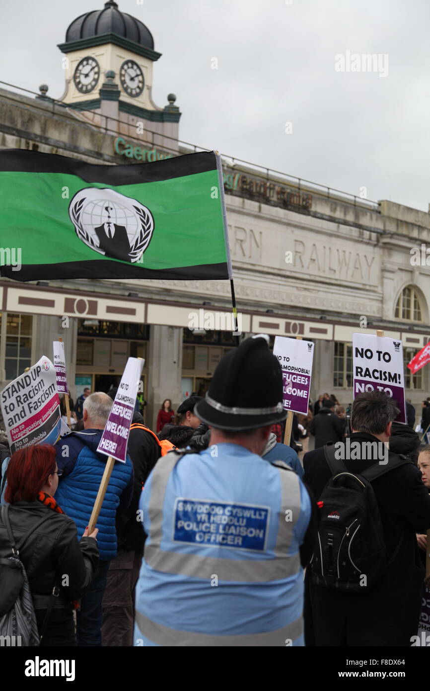 CARDIFF WALES, Police and Protestors rally at an anti fascicm protest ...