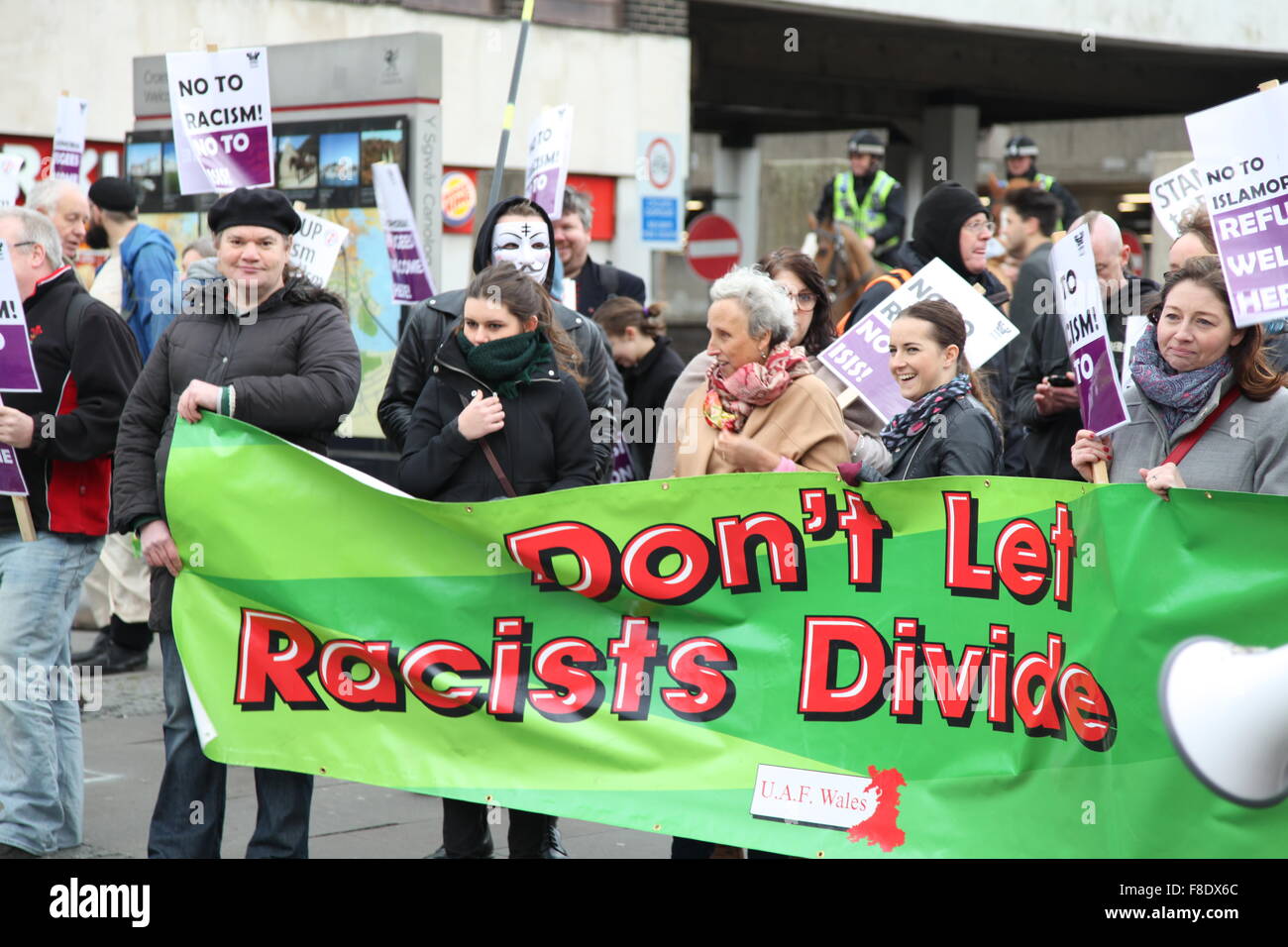 CARDIFF WALES, Police and Protestors rally at an anti fascicm protest ...
