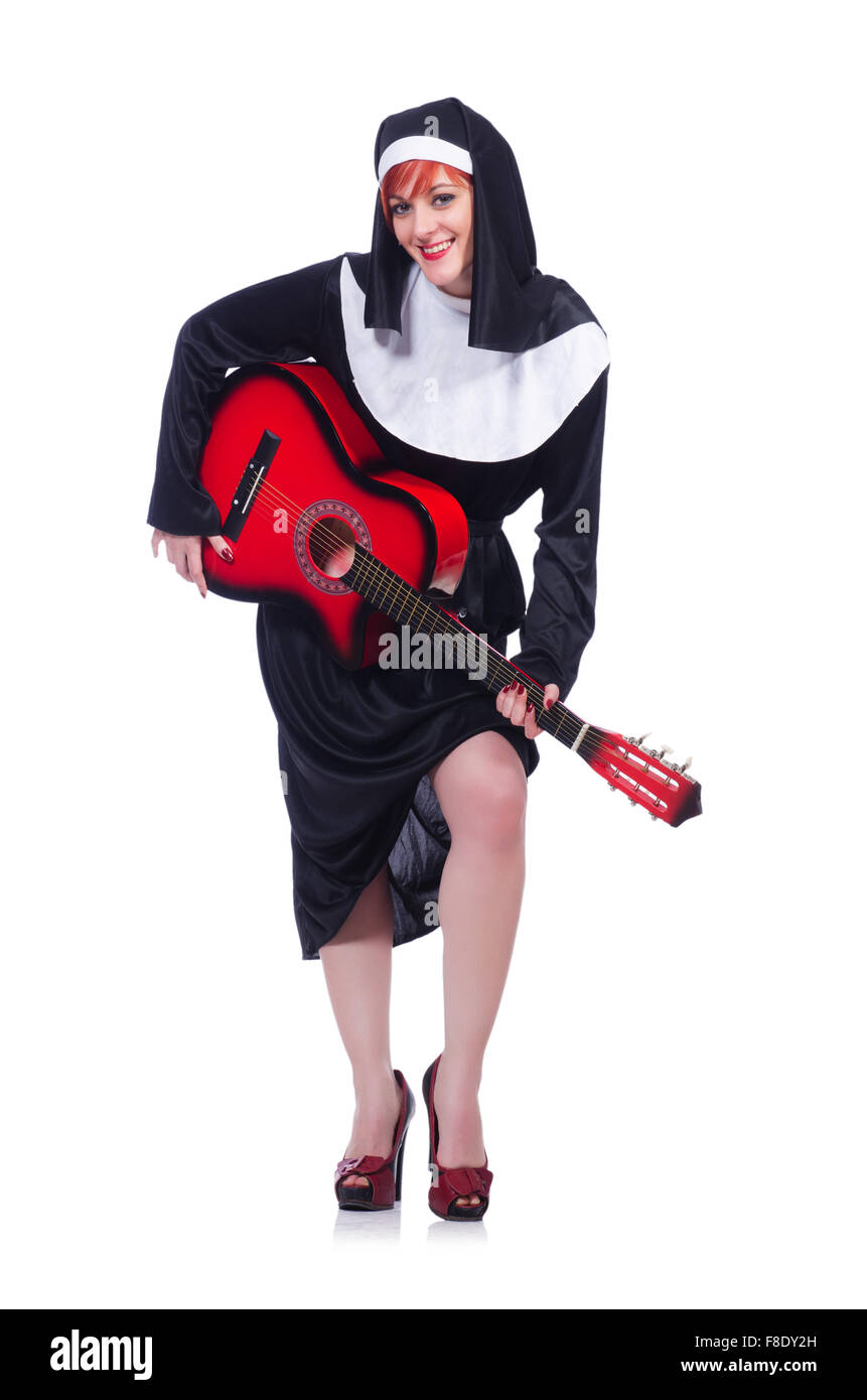 Nun playing guitar isolated on white Stock Photo - Alamy
