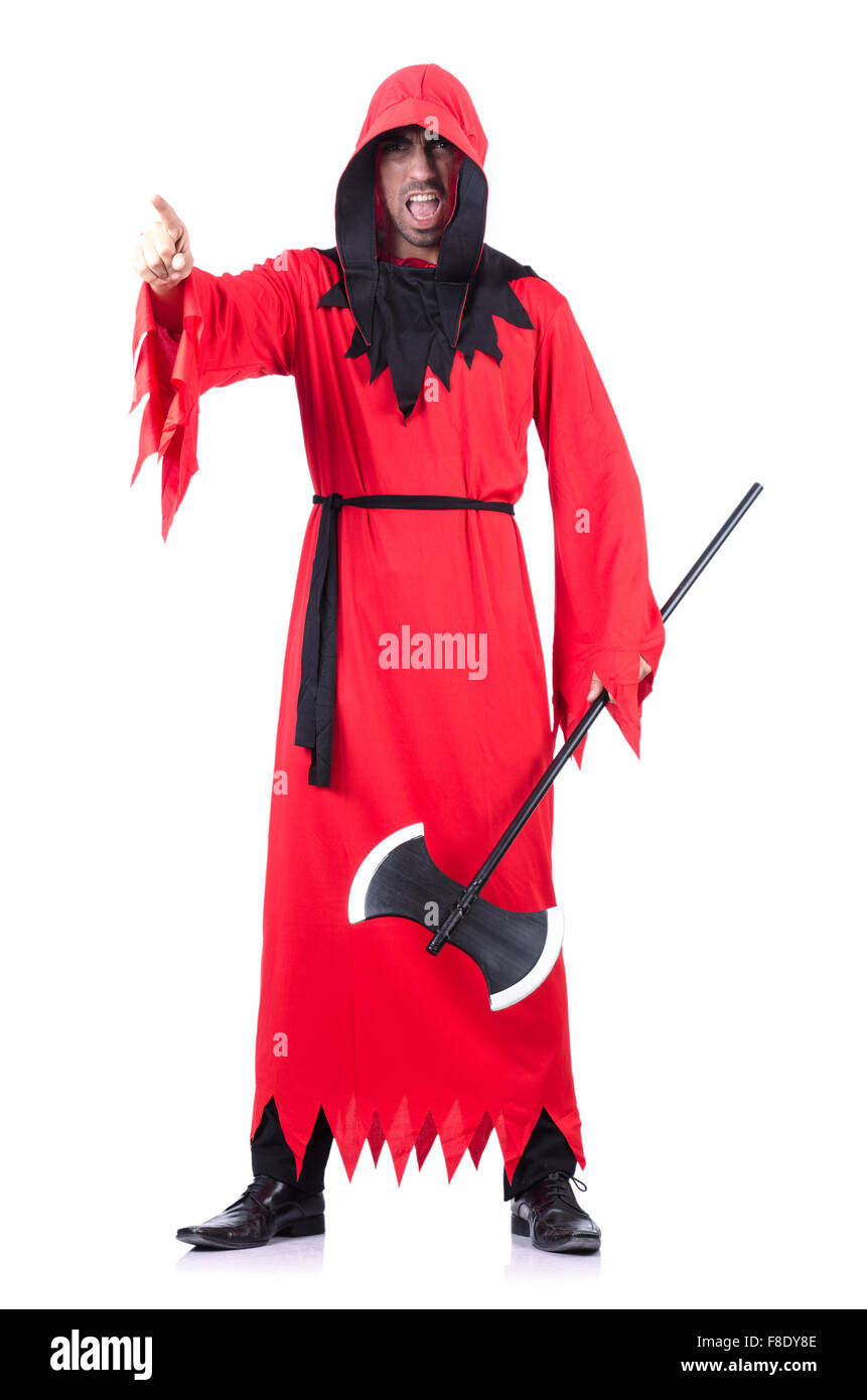 Executioner in red costume with axe on white Stock Photo - Alamy