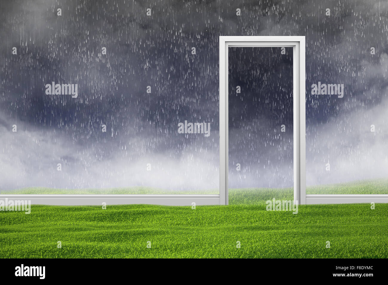 Doorway in bad weather with rain. The green lawn the foreground Stock ...