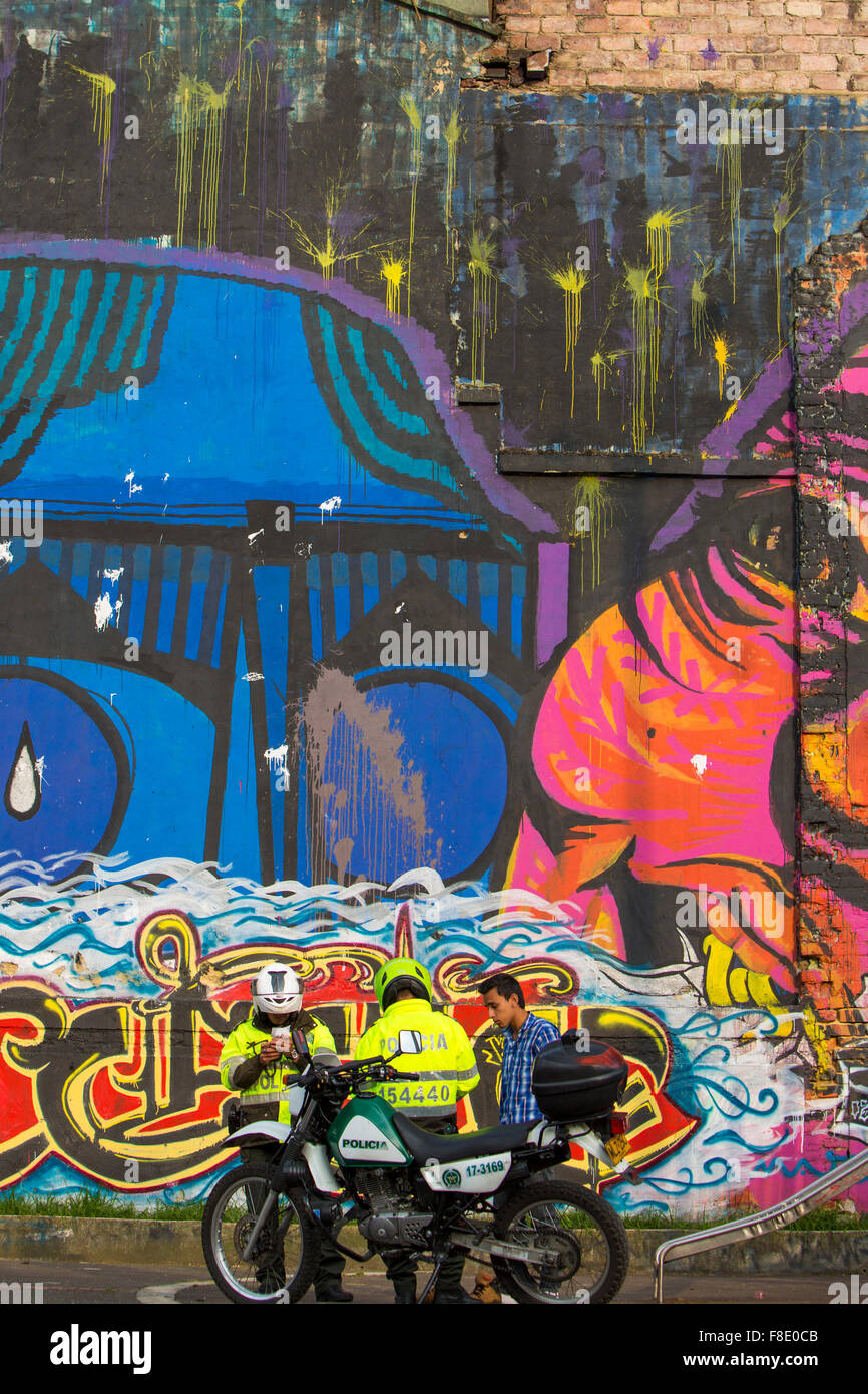 Police control and graffiti, street art in Bogota, Colombia Stock Photo ...