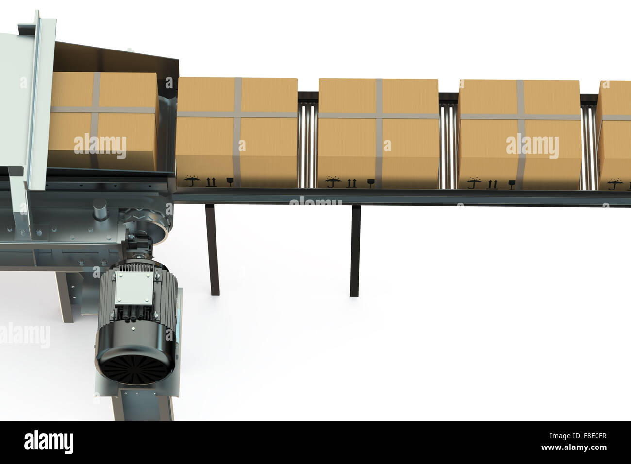 Cardboard boxes on conveyor belt isolated on white background Stock ...