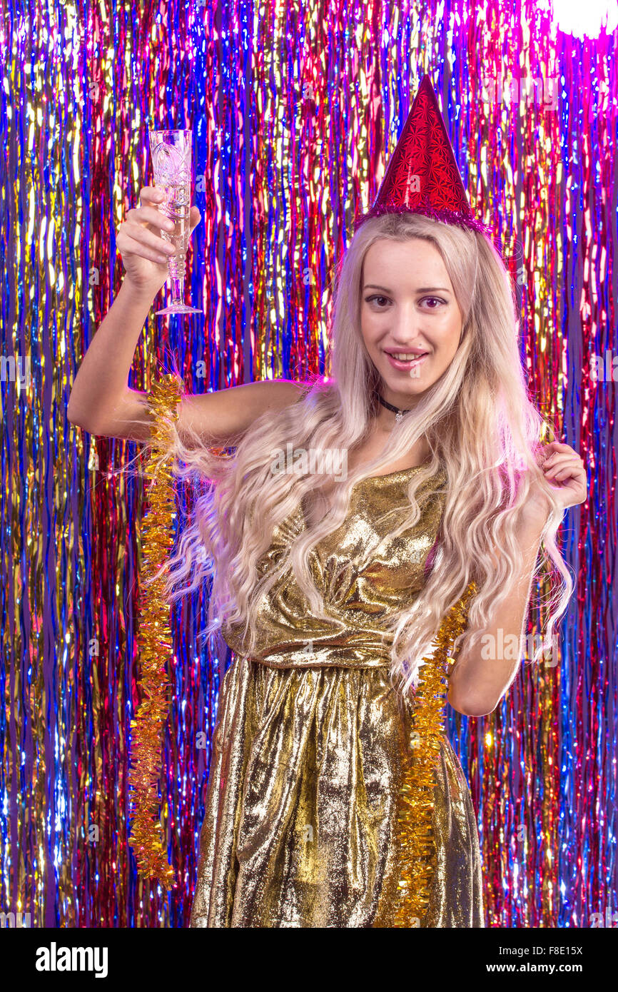Pretty girl having fun on a dance party with glass of wine Stock Photo ...
