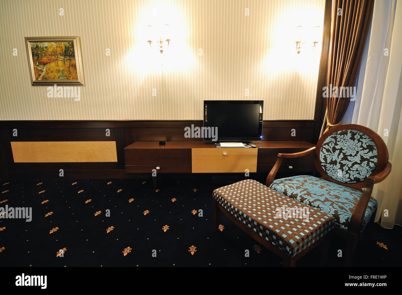 modern hotel room appartment indoor with double bed and lcd tv Stock ...
