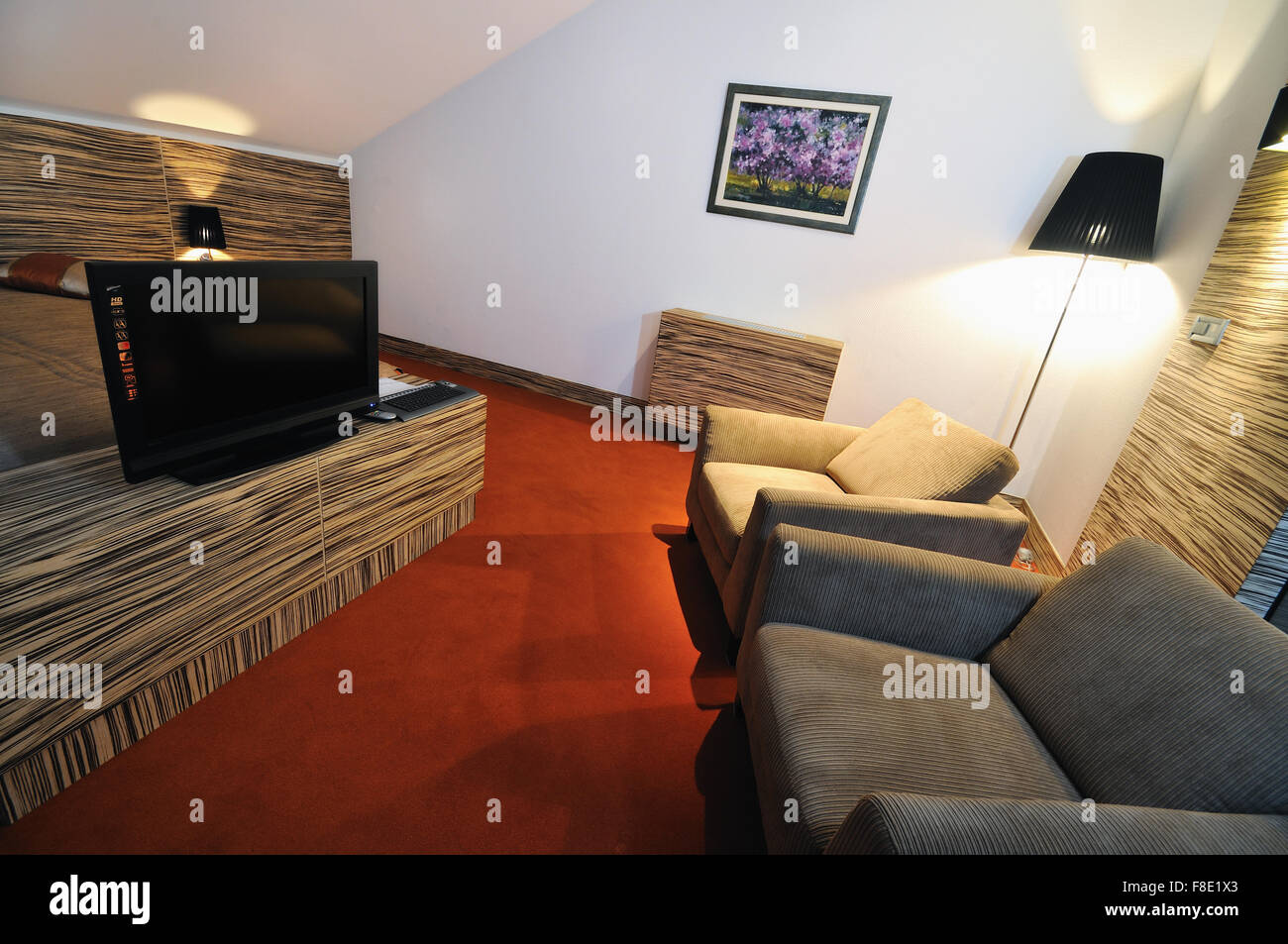 modern hotel room appartment indoor with double bed and lcd tv Stock ...
