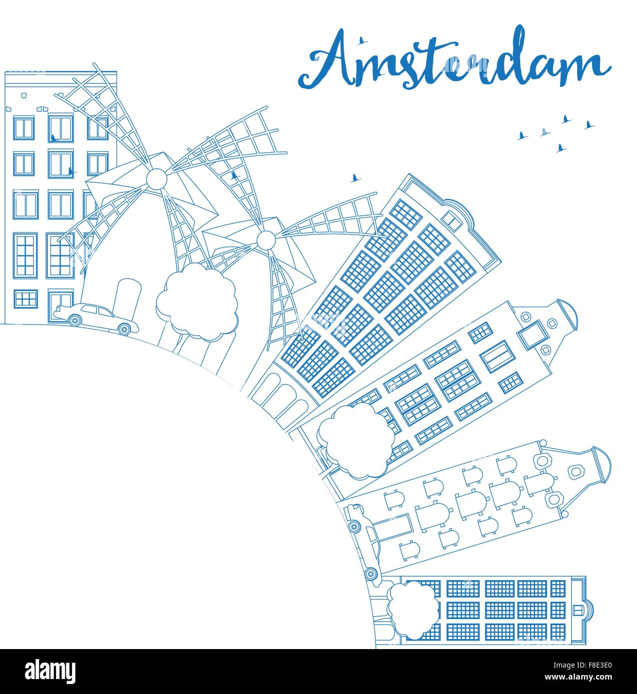 Outline Amsterdam city skyline with blue buildings and copy space ...