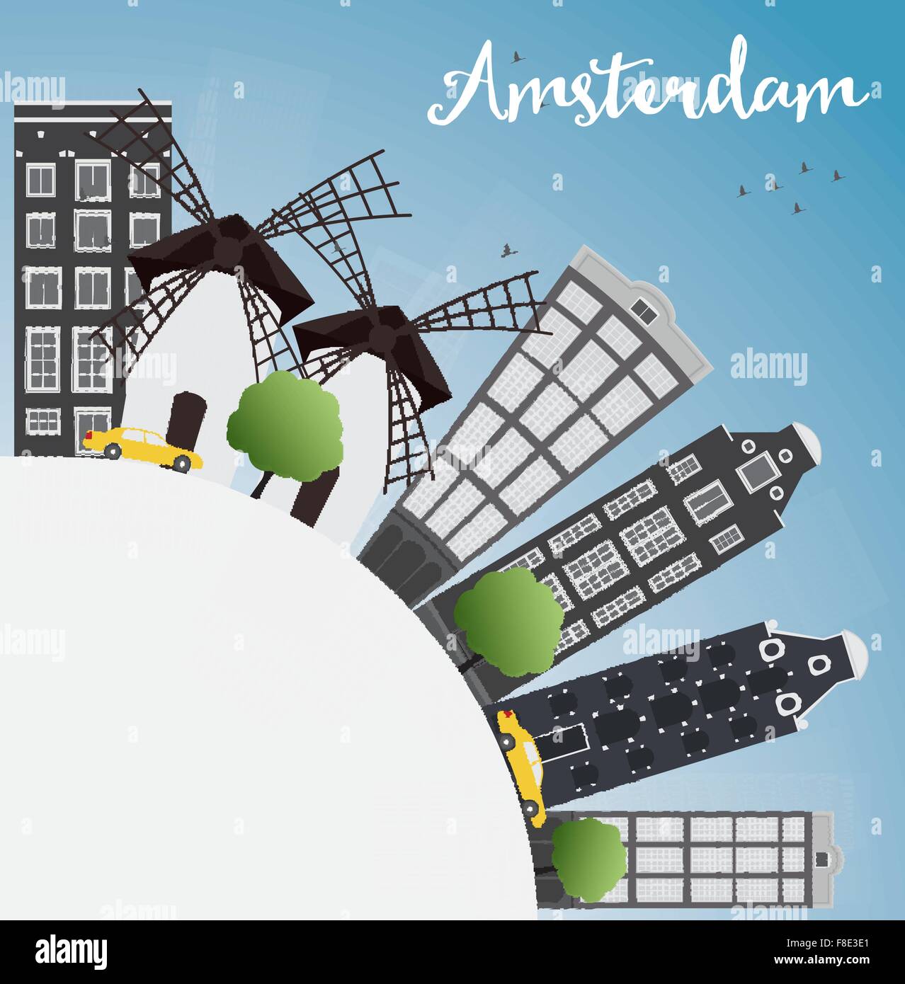 Amsterdam city skyline with grey buildings, blue sky and copy space ...