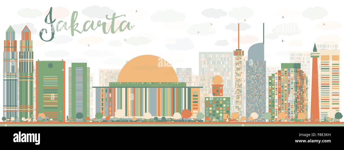 Abstract Jakarta skyline with color landmarks. Vector illustration ...