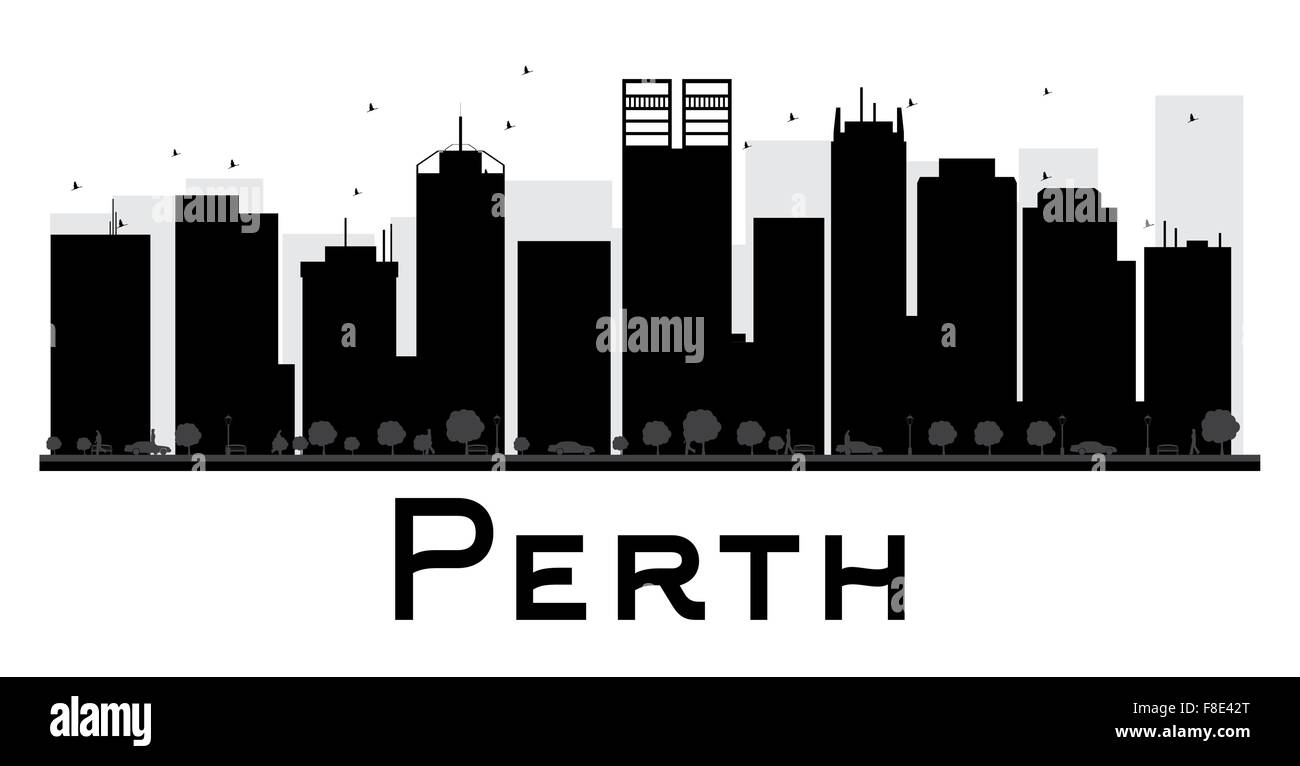 Perth City skyline black and white silhouette. Vector illustration ...
