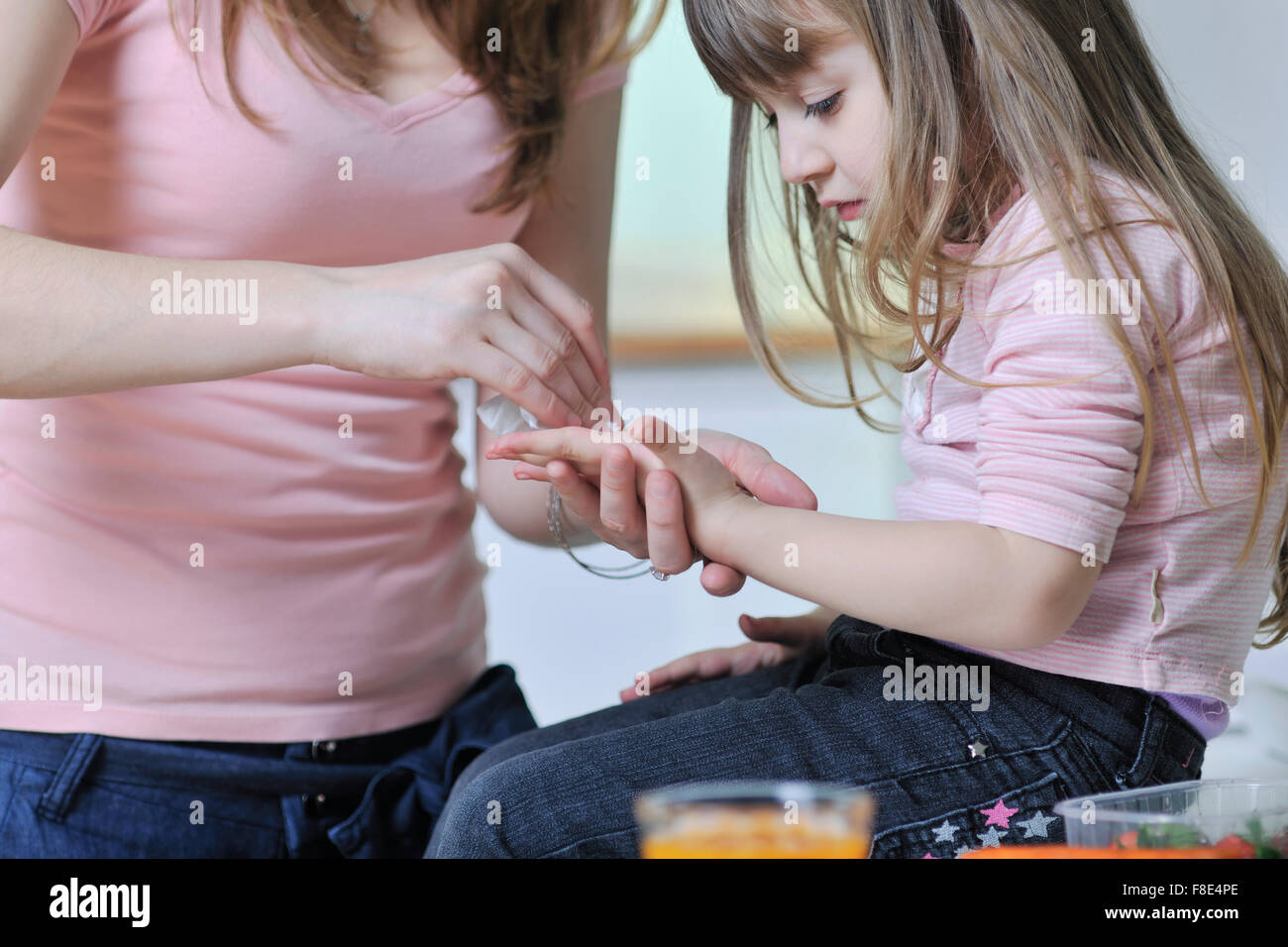 happy young family have lunch time with fresh fruits and vegetable food ...
