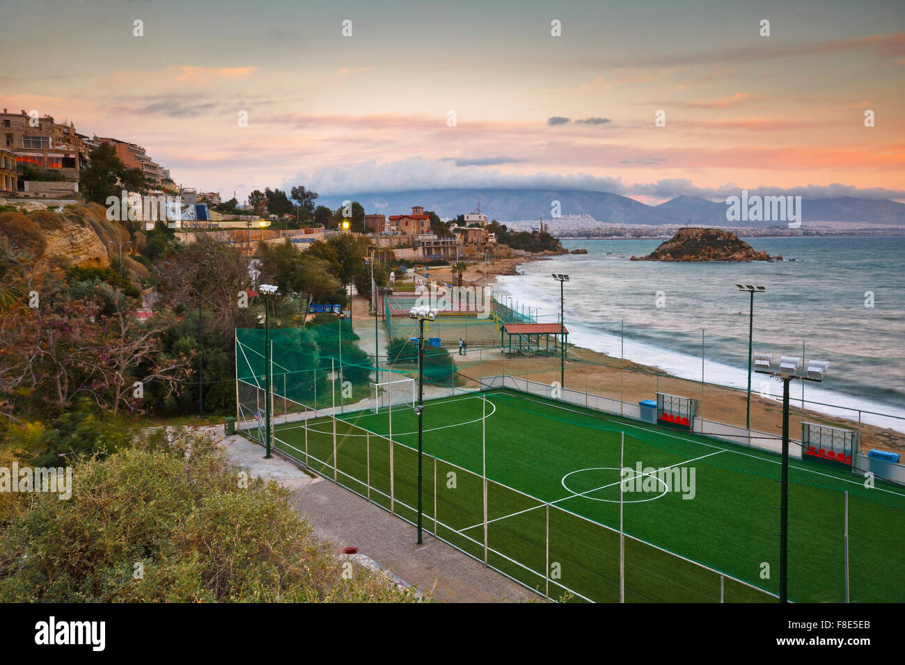 View of the sports grounds and a beach in Piraeus, Greece Stock Photo ...