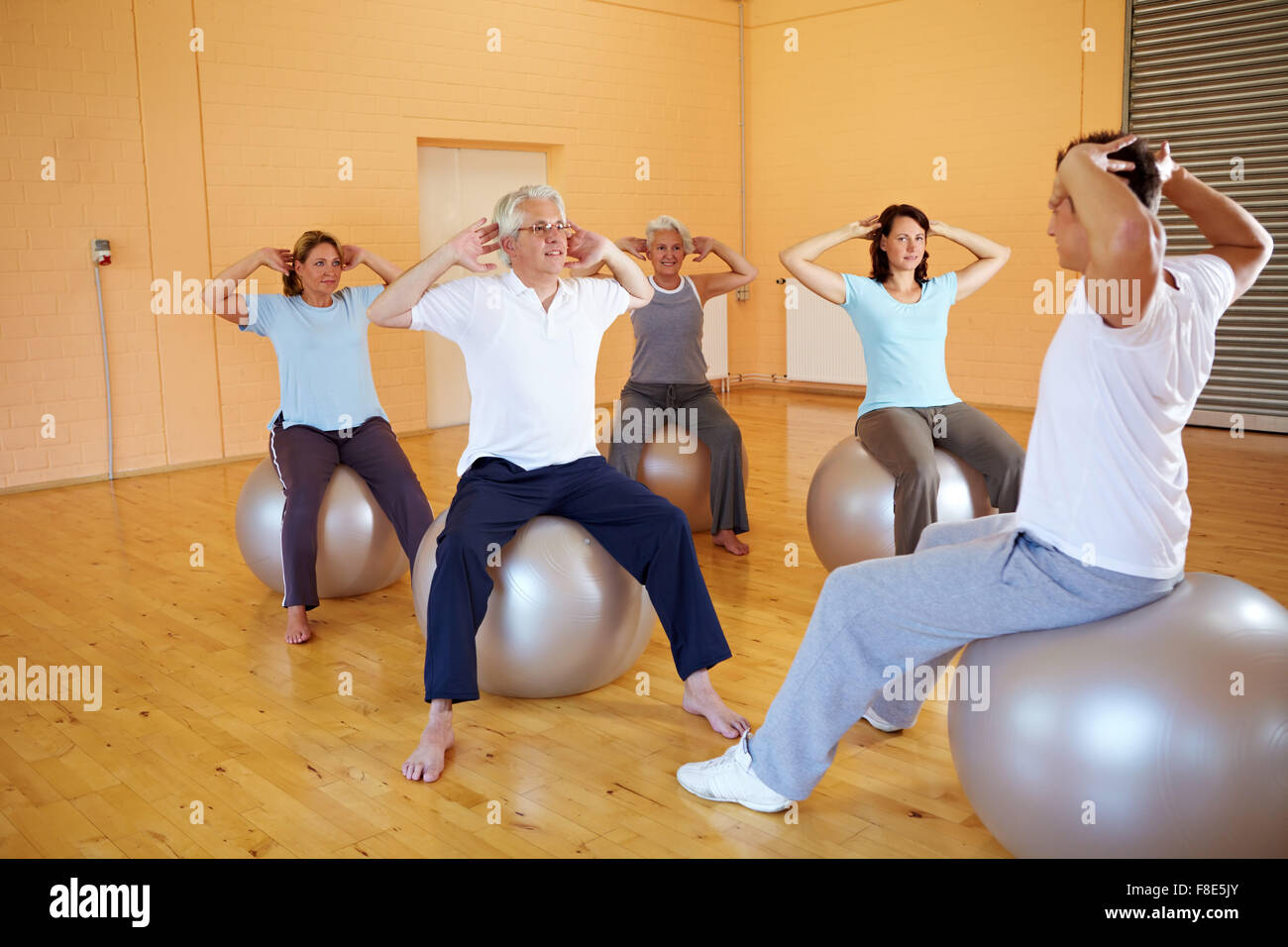 Group doing back exercises with Swiss ball in gym Stock Photo - Alamy