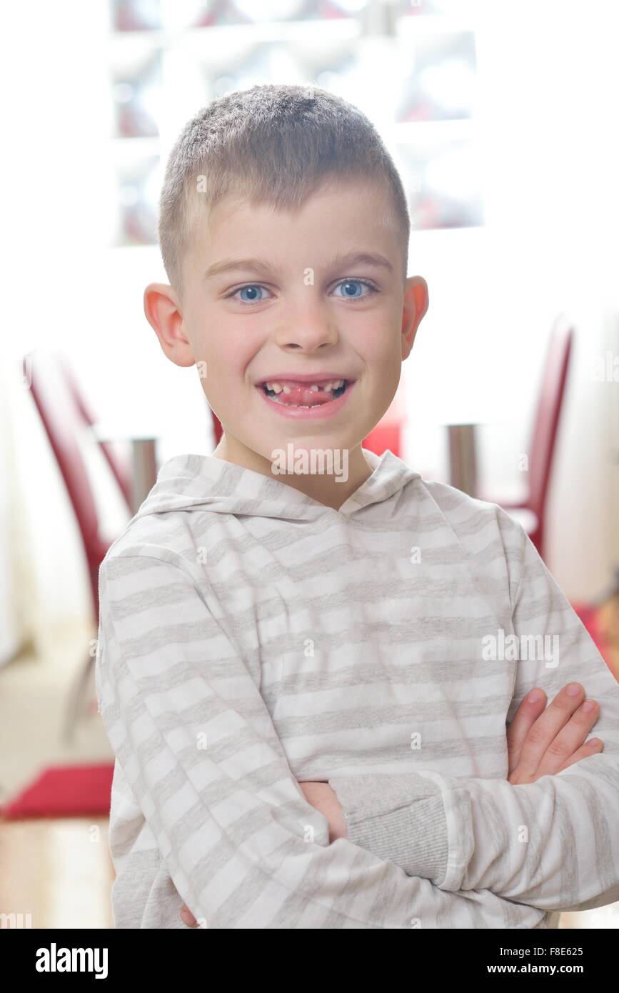 Happy young boy portrait at home. Smile without teeth Stock Photo - Alamy