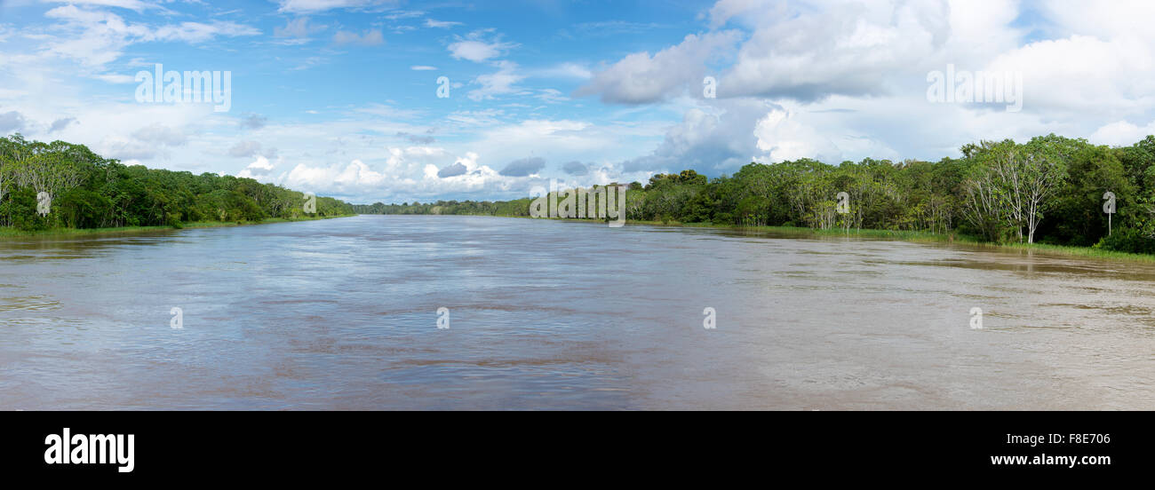 Panorama of the Amazon river and the rain forest with a cloudy blue sky ...