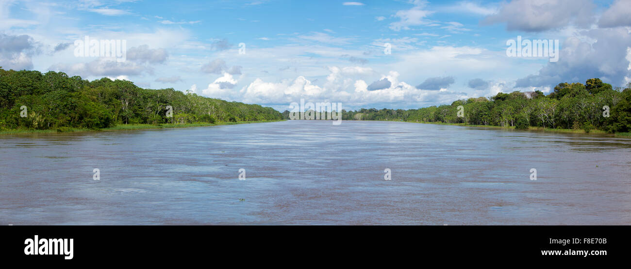 Panorama of the Amazon river and the rain forest with a cloudy blue sky ...
